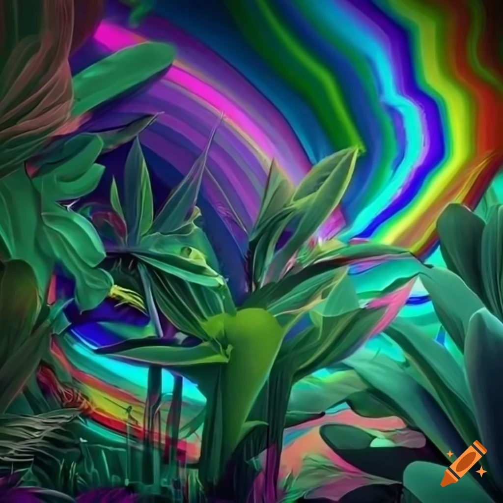 Digital alien landscape with exotic rainbow-hued plants on Craiyon