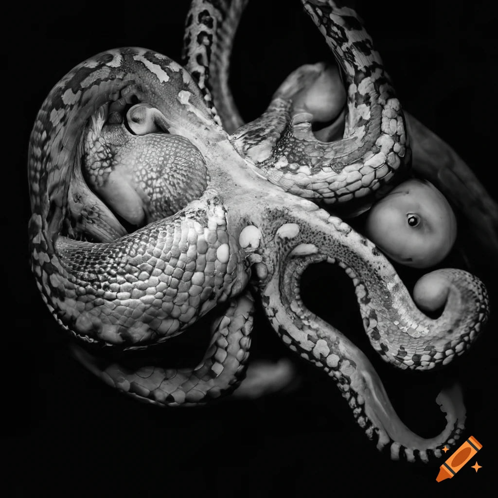 Octopus entwined with python in high-contrast black and white on Craiyon