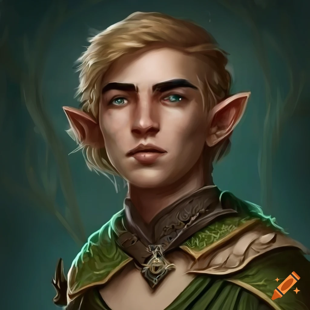 Realistic male young elven Druid character with jade scale mail and ...