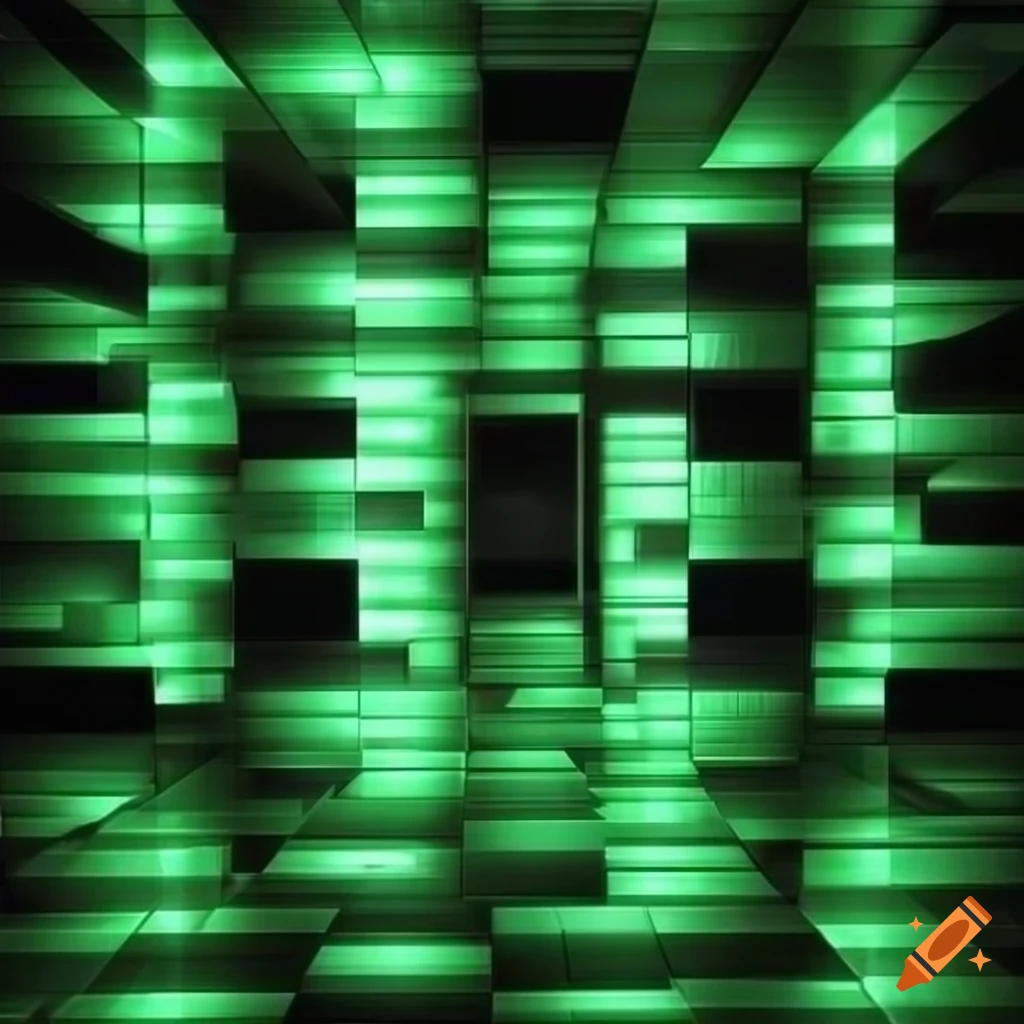 Green 3D cube with black outline in a matrix code pattern on black ...