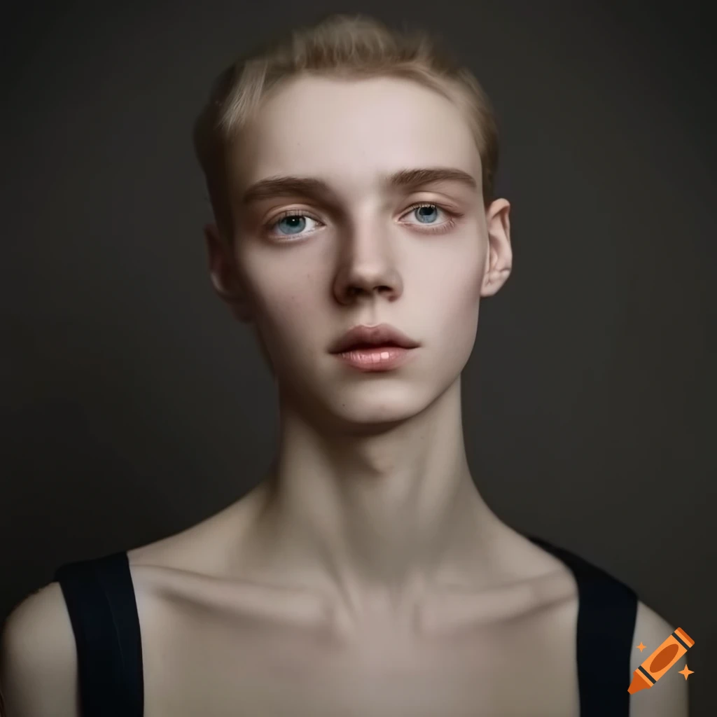 Portrait of a handsome male student with pale skin and light grey eyes ...