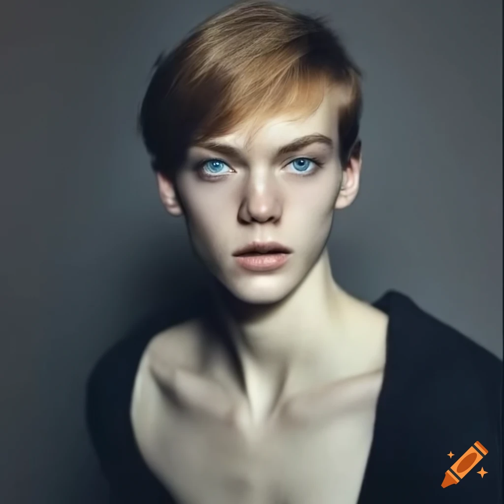 Portrait of an ethereal young man with caramel hair and light blue eyes ...