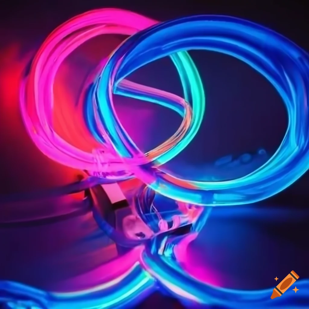 Neon tubes sculpting musical notes on a tape recorder on Craiyon