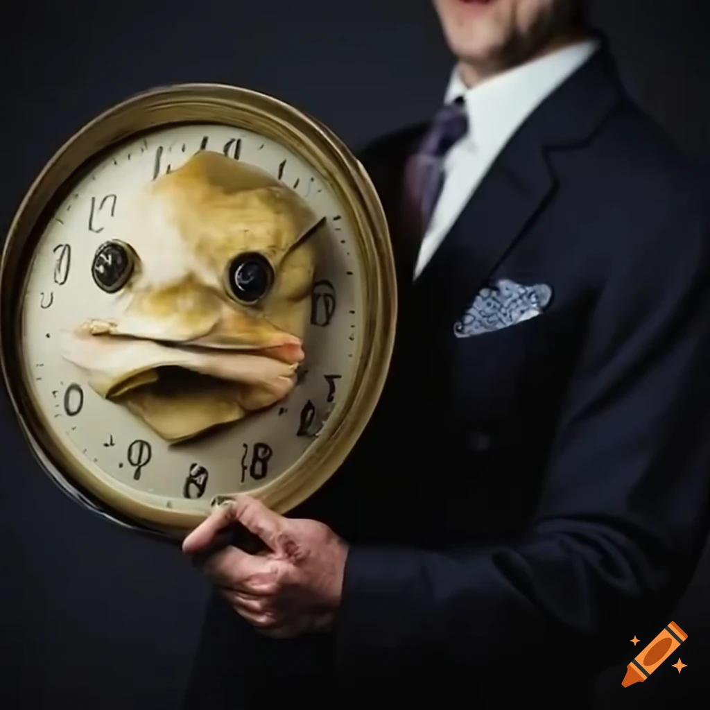 Codfish-faced man shaking hands with clock-faced man in suits on Craiyon
