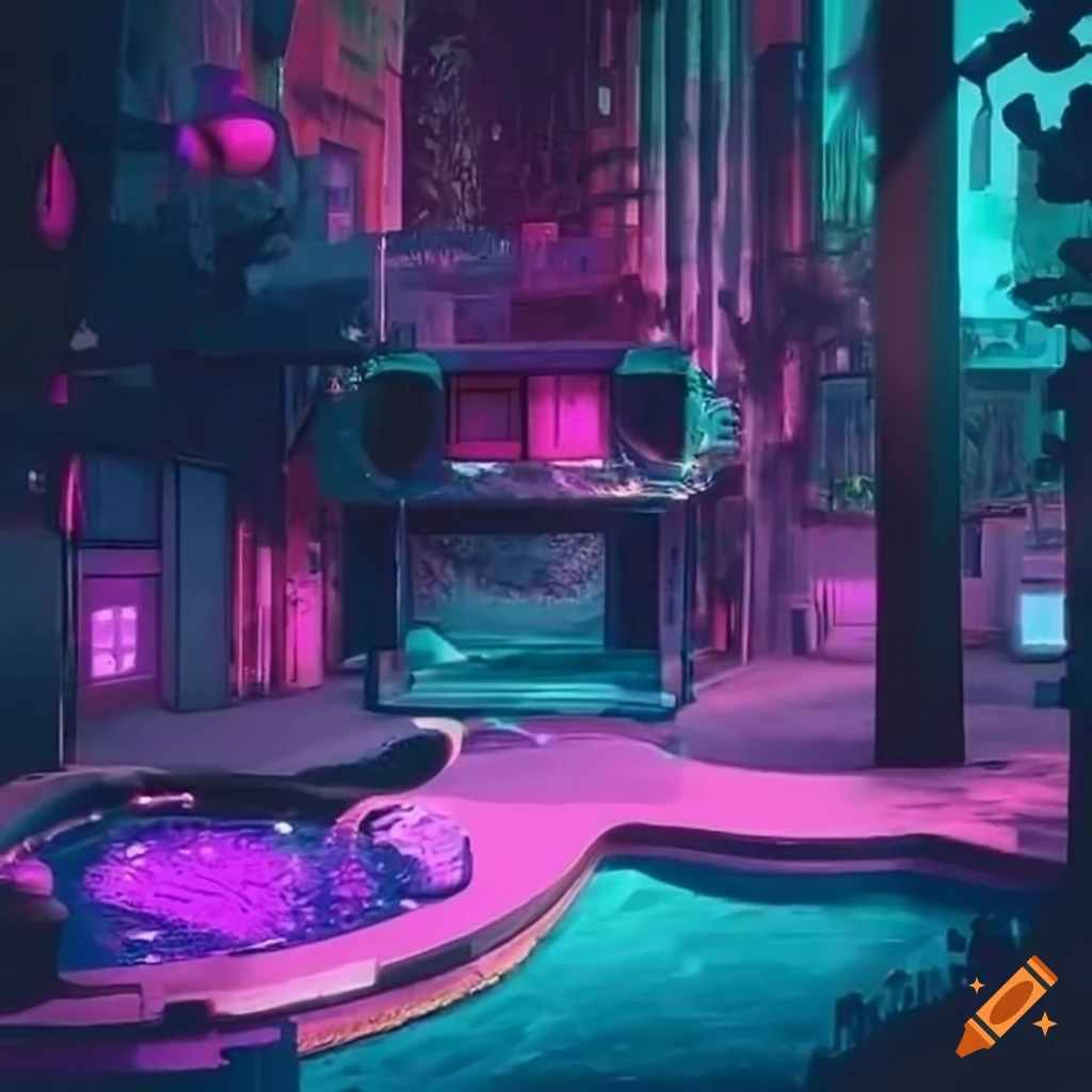 Backyard pool with a cyberpunk vibe on Craiyon