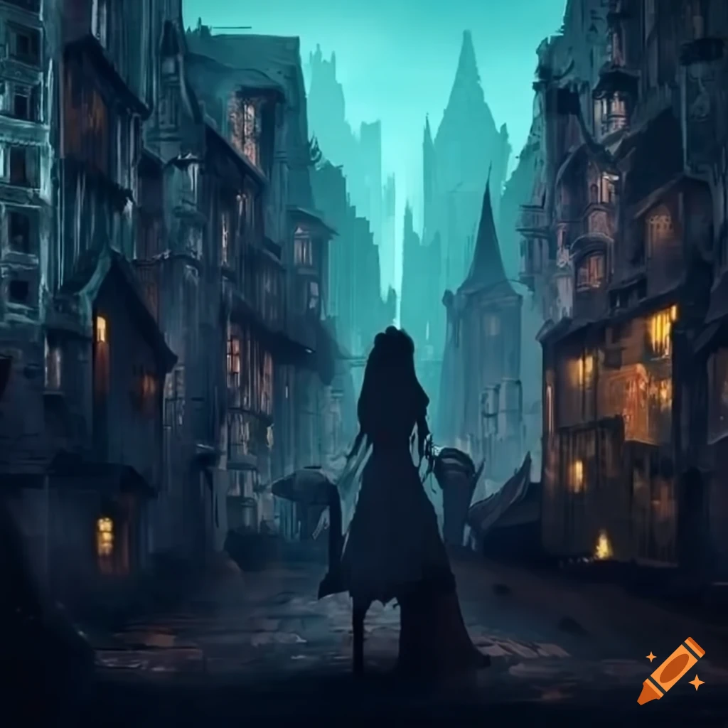 Mysterious fantasy city shrouded in shadow on Craiyon