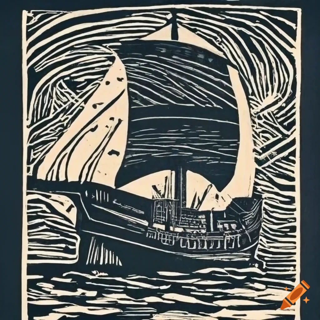 High-contrast black and white linocut of a spanish galleon with thick ...