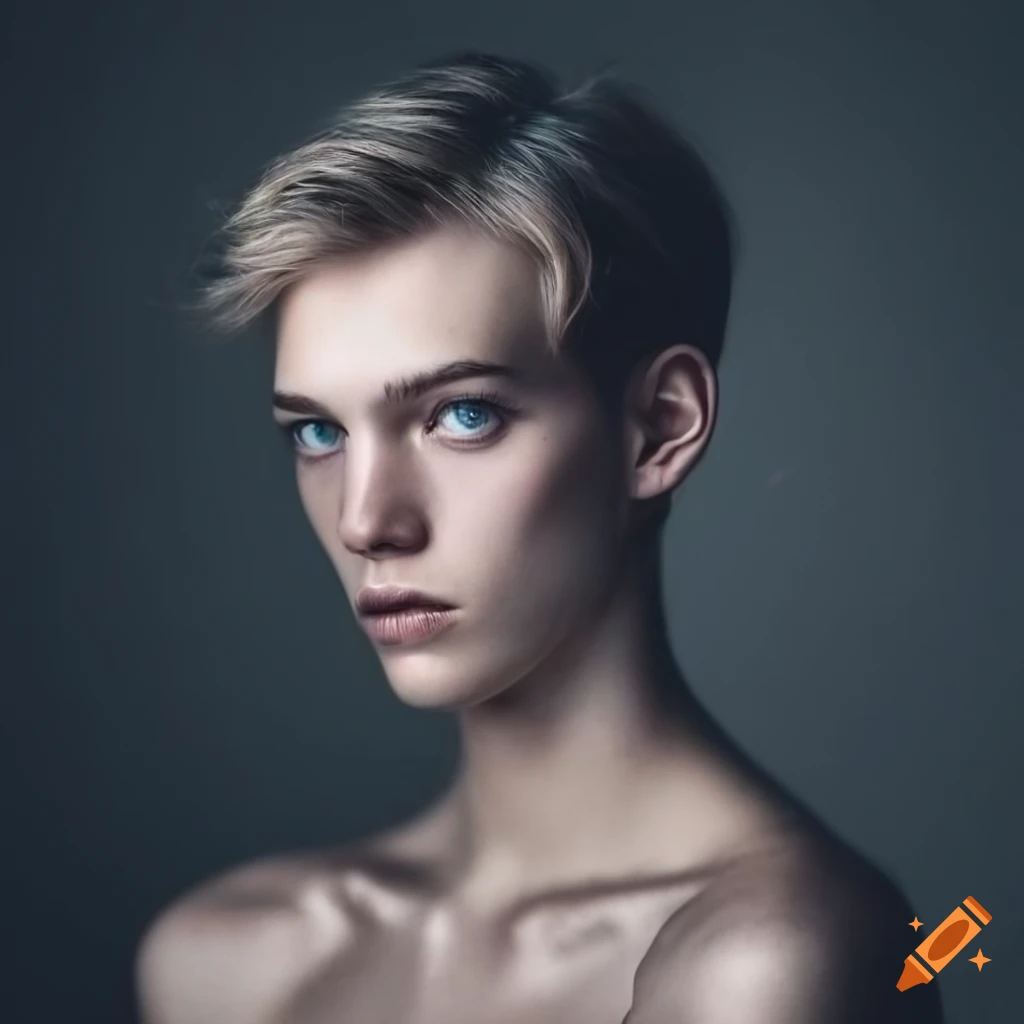 Portrait of a ethereal young man with pale skin and light grey eyes on ...