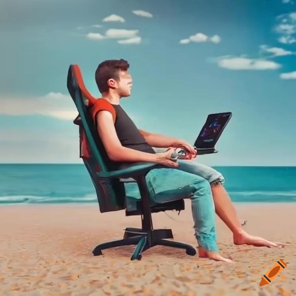 Man sitting on a gaming chair with a PC at the beach on Craiyon
