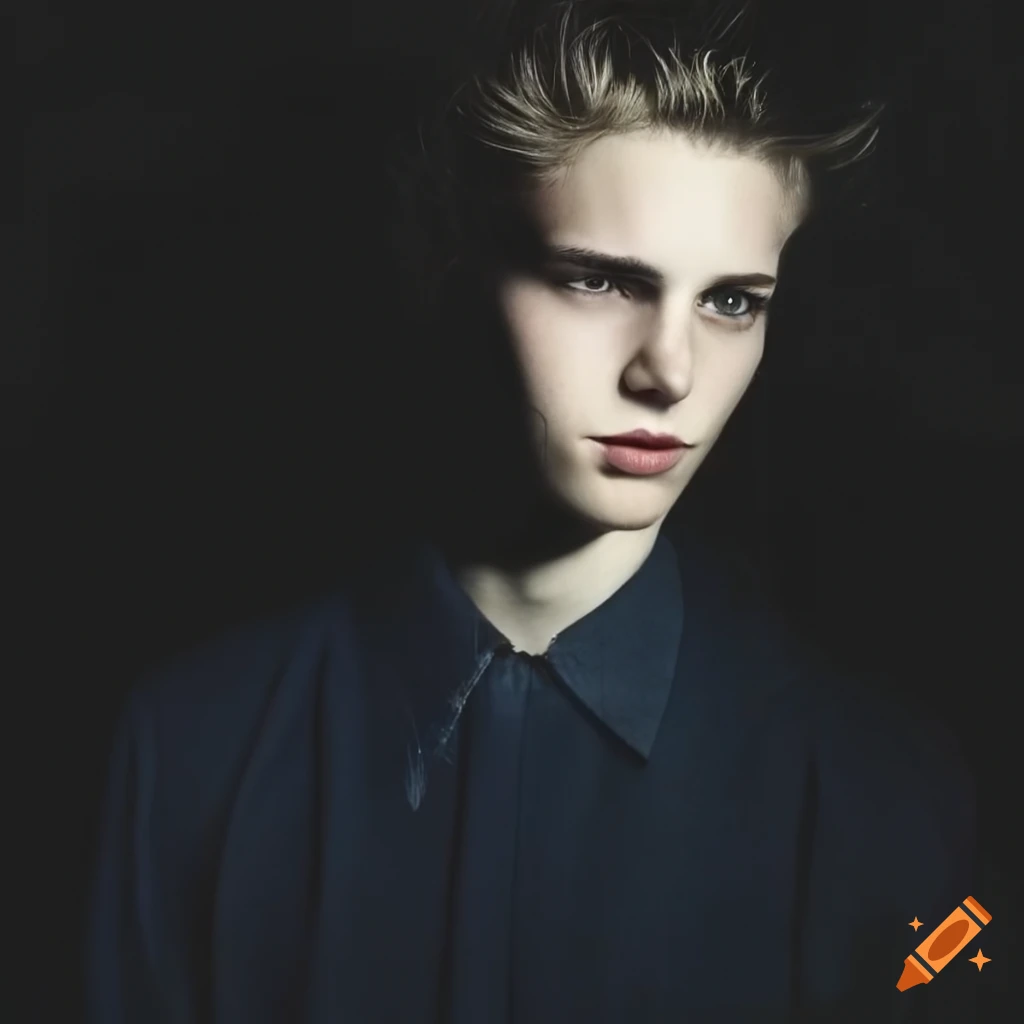 Portrait of a ethereal young man with pale skin and light blue eyes on ...