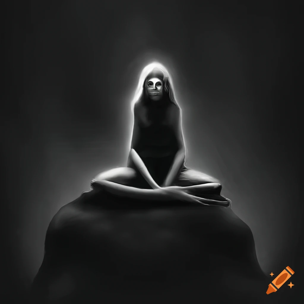 Dark and mysterious dream guide entity sitting on a bed on Craiyon