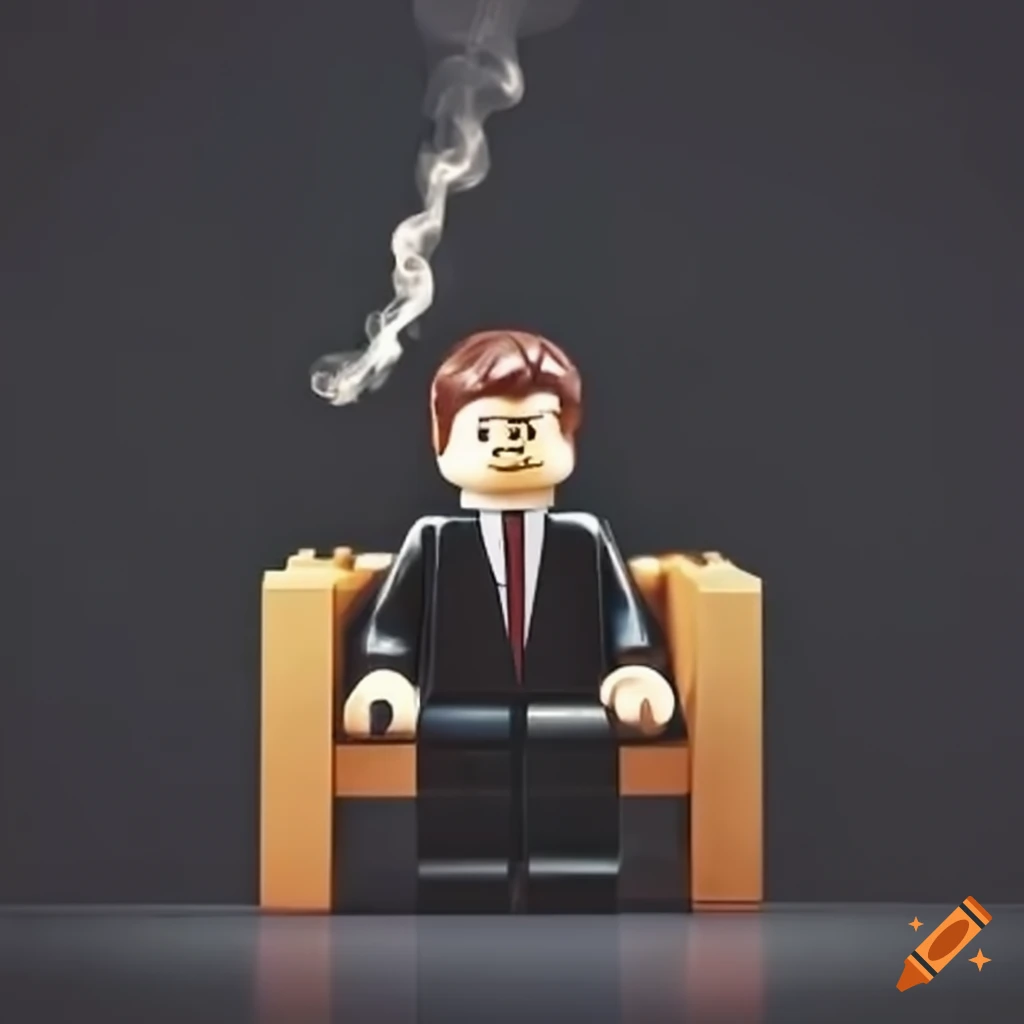 Lego figure in a black suit smoking and sitting with money on Craiyon