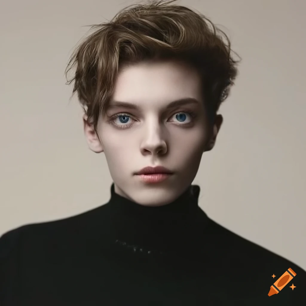 Portrait of a beautiful male student with pale skin and light blue eyes ...