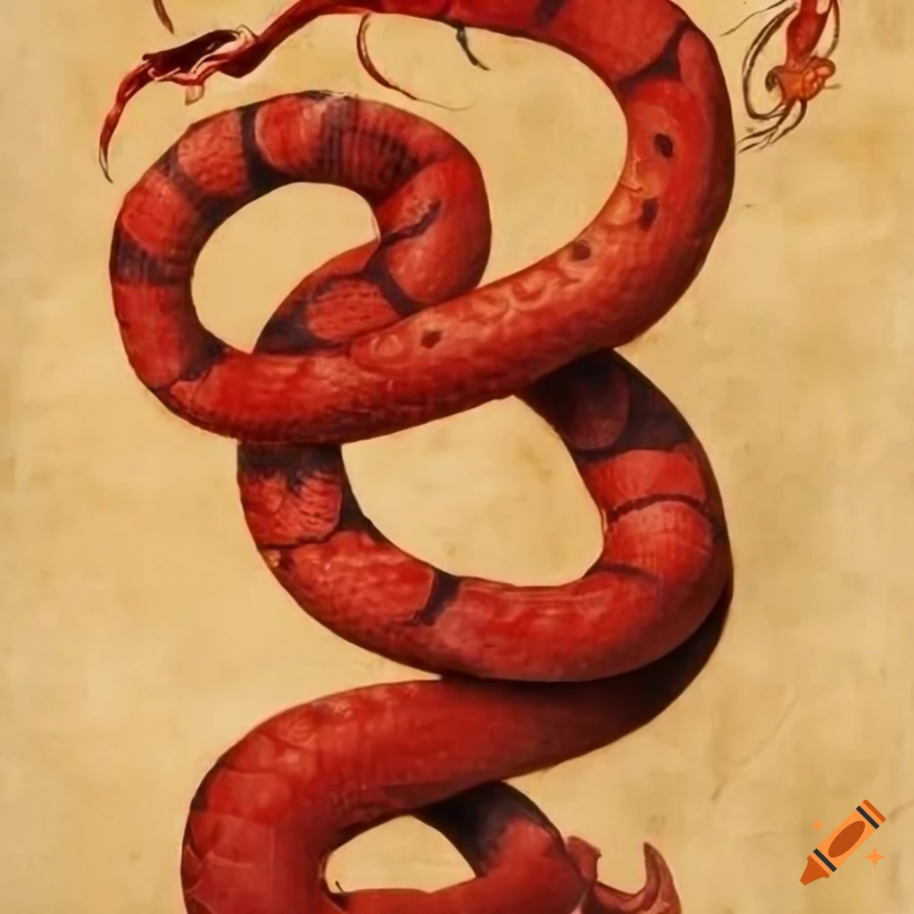 Medieval drawing of a snake made of gold with red fangs on Craiyon