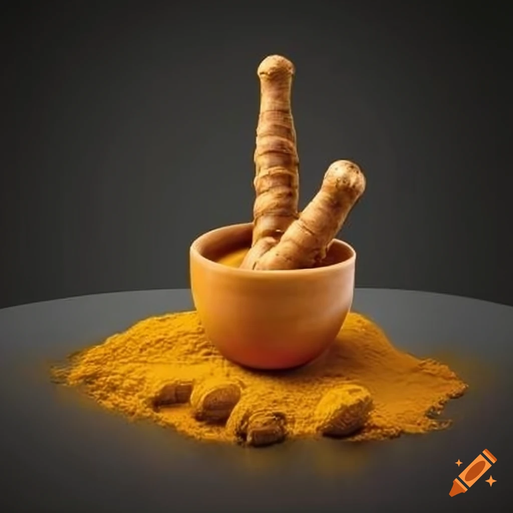 Turmeric roots and powder on a javanese mortar with a turmeric plant on ...