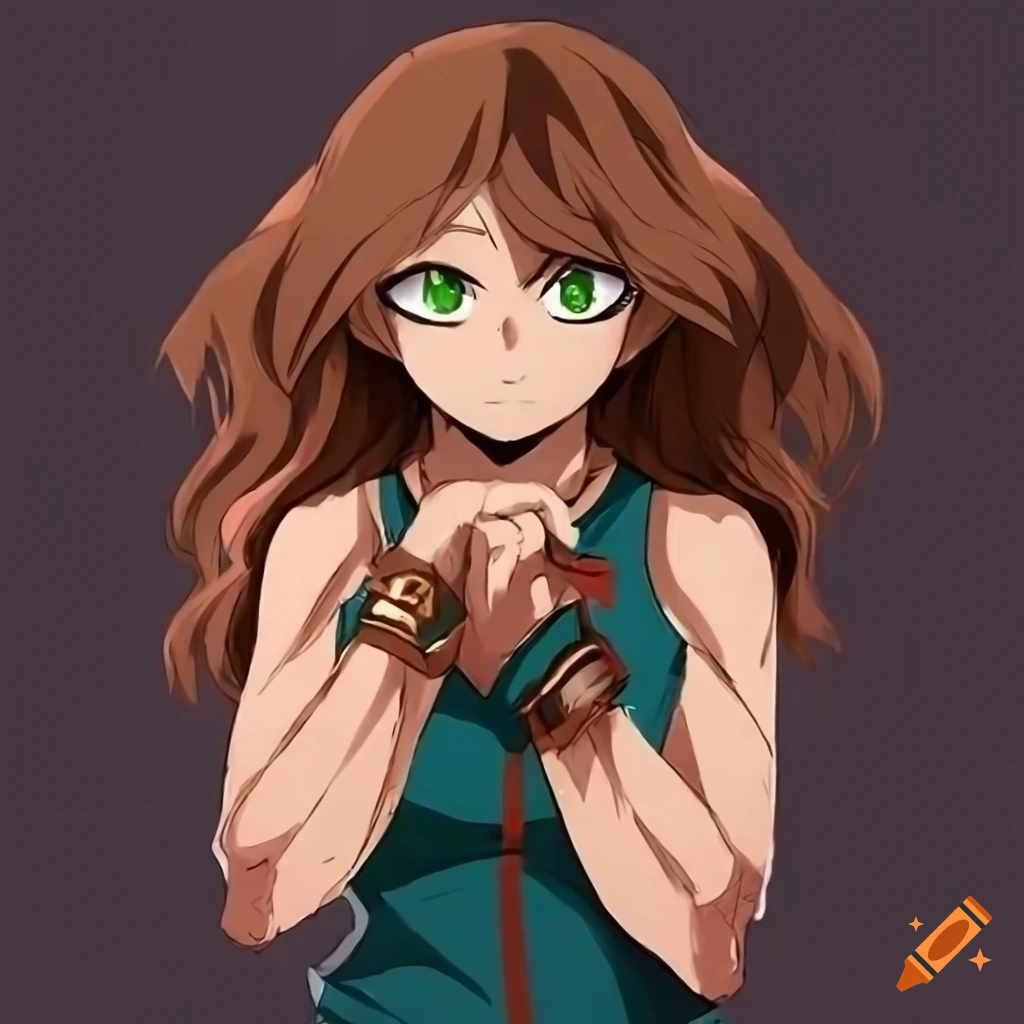 Character in my hero academia anime style with brown hair, green eyes ...