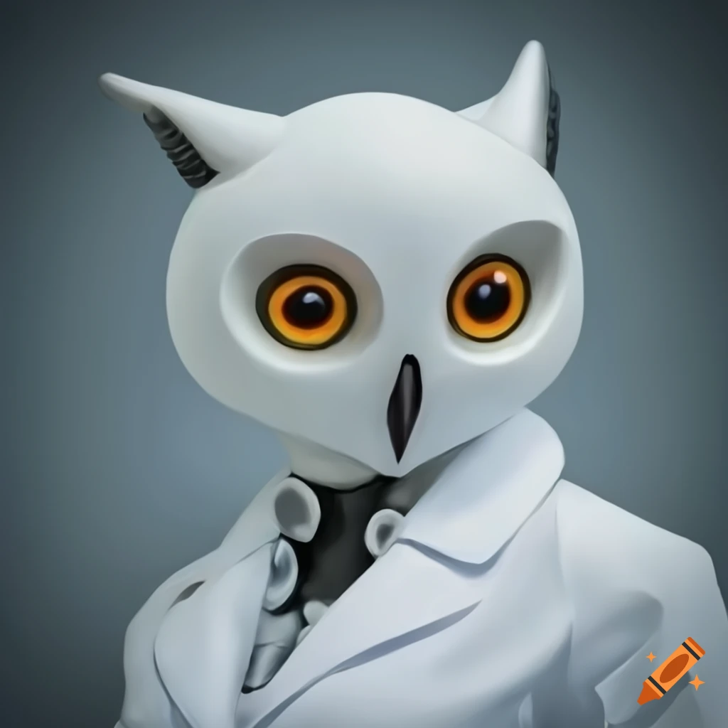Anthropomorphic female owl android portrait in a lab coat on Craiyon