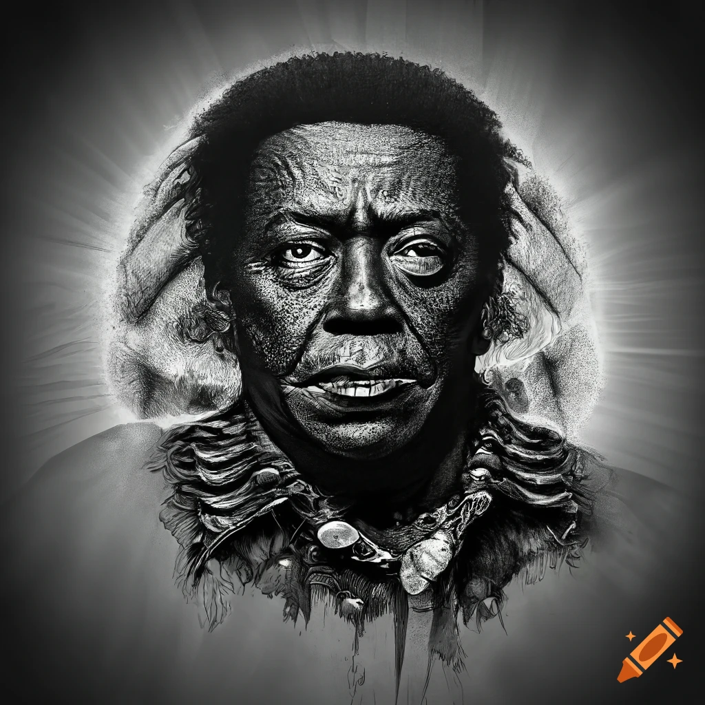 Dynamic black and white scratchboard illustration with mystical ...