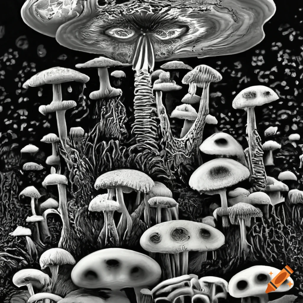Black and white psychedelic fungus landscape art on Craiyon