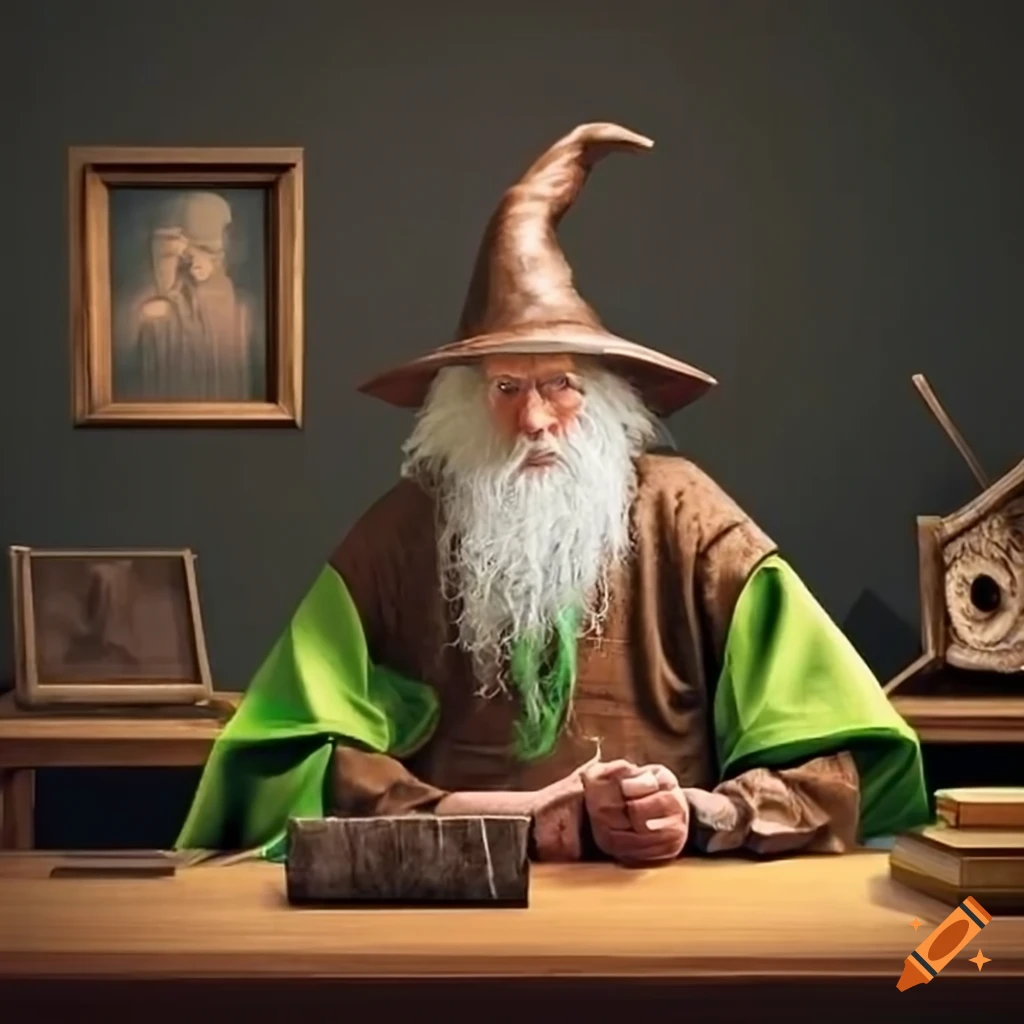 Wizard in green-and-brown robes sitting at a wooden desk with 'MANEPA ...