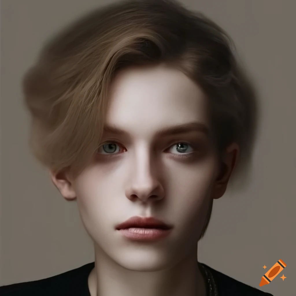 Portrait of an ethereal male student with pale skin and light grey eyes ...