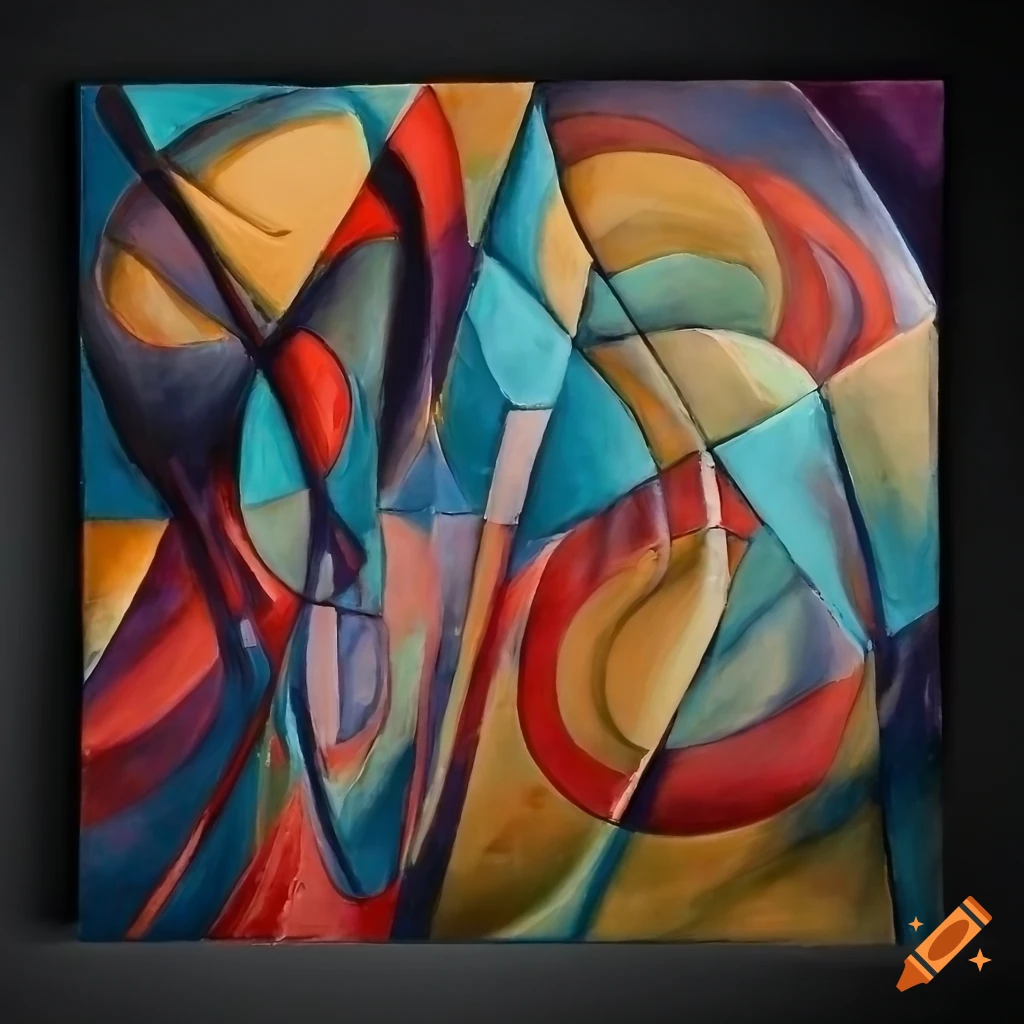 Textured cubism painting representing various elements intertwined with ...