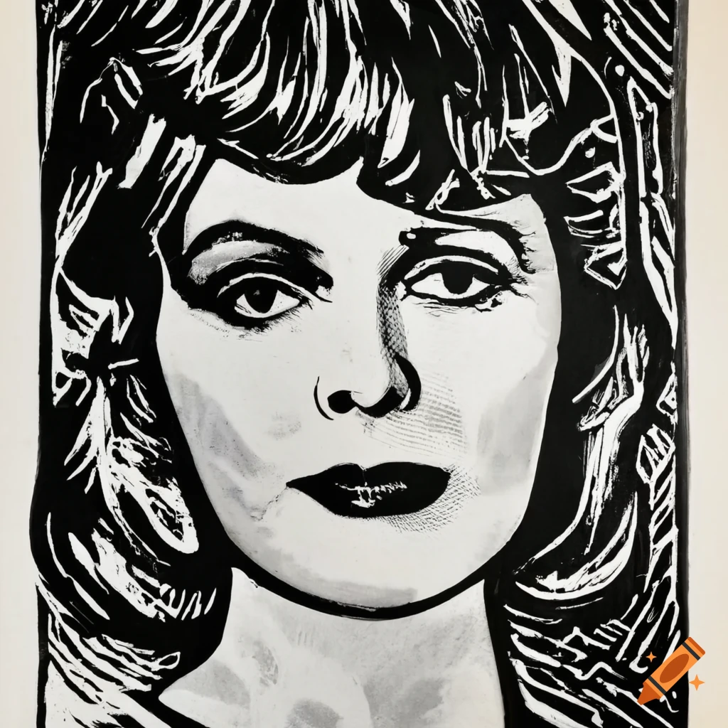 Close-up portrait of June Wilkinson in lino print style on Craiyon