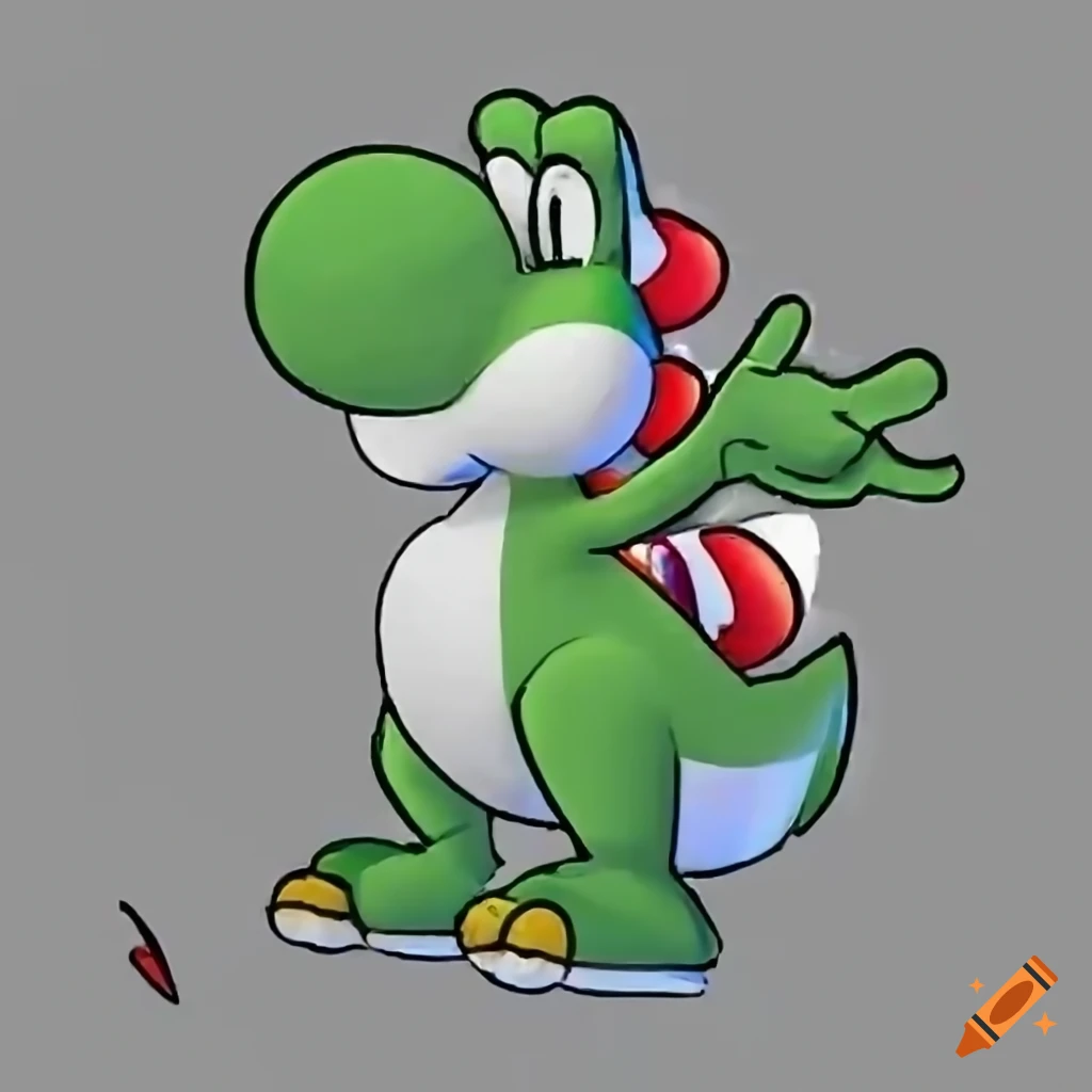 Yoshi slapping his stomach in a city with a car in the background on ...