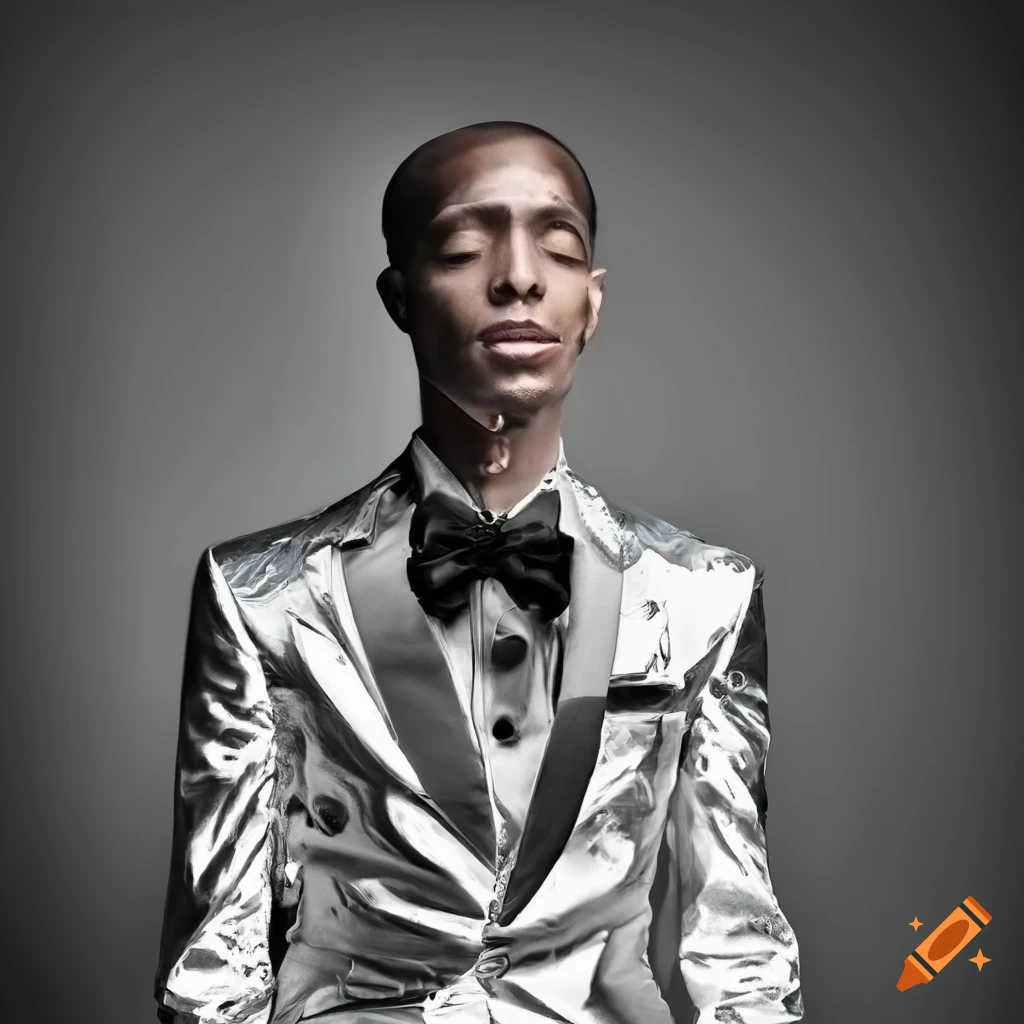 Hyperrealist image of a skinny man in a chrome paisley tuxedo on Craiyon