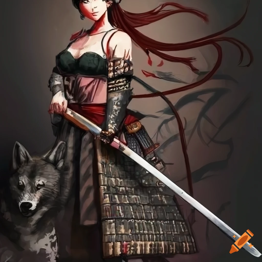 Samurai woman with scarred eye, iron kasa, and katana among wolves - yoji shinkawa style on Craiyon