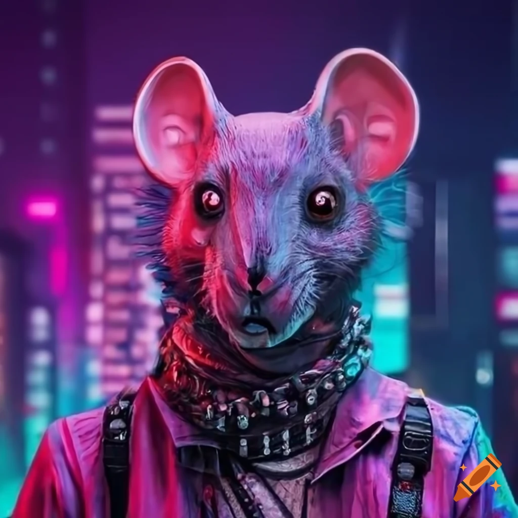 Humanoid rat in punk attire in a cyberpunk night city on Craiyon