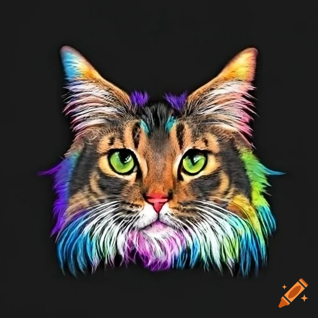 Elegant rainbow Maine Coon cat face design for a t-shirt on Craiyon