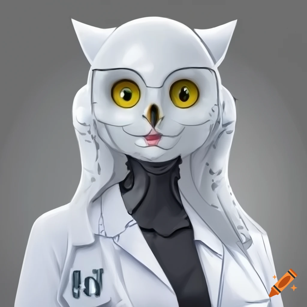 Cute female owl android in lab coat with detailed robotic face on Craiyon