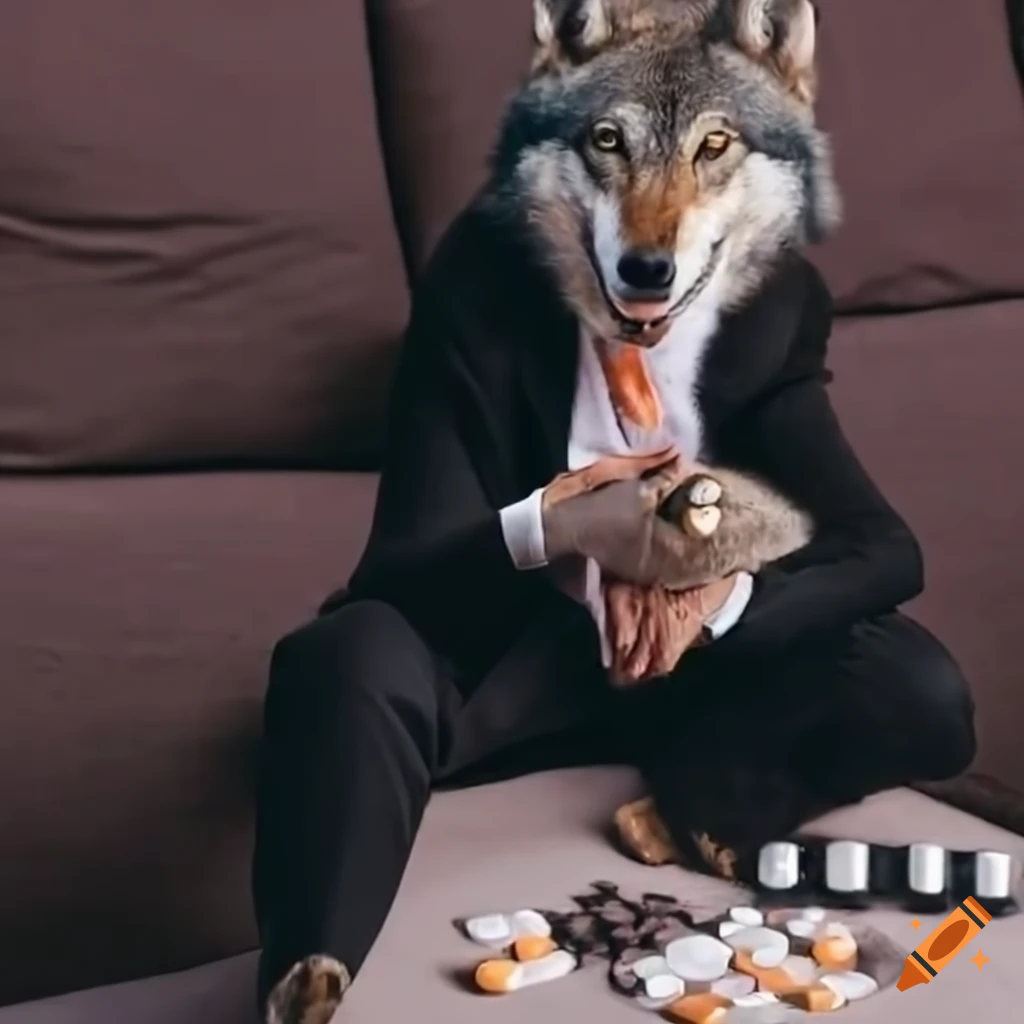 Wolf in a suit sitting on a couch with pills on the table on Craiyon