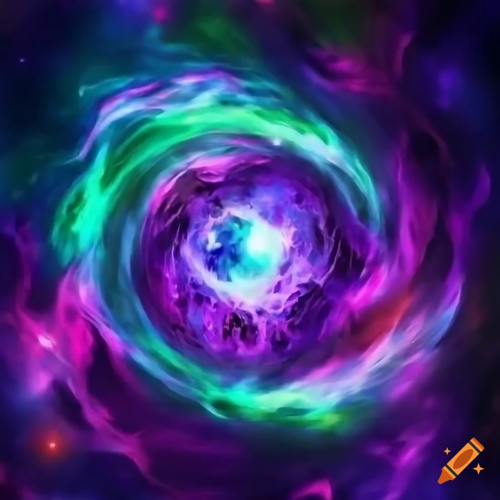 Rainbow raven with fiery wings gliding through a vibrant neon nebula on ...