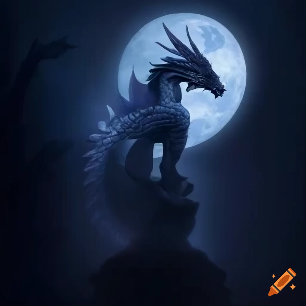 Enchanting dragon in mystical moonlit setting with fog and shadows on ...