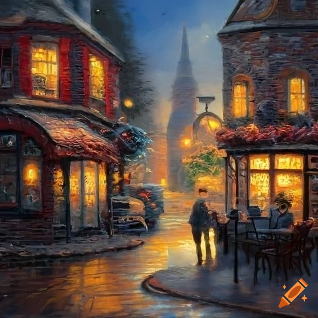 European cafe at night with warm lighting and damp streets, inspired by ...