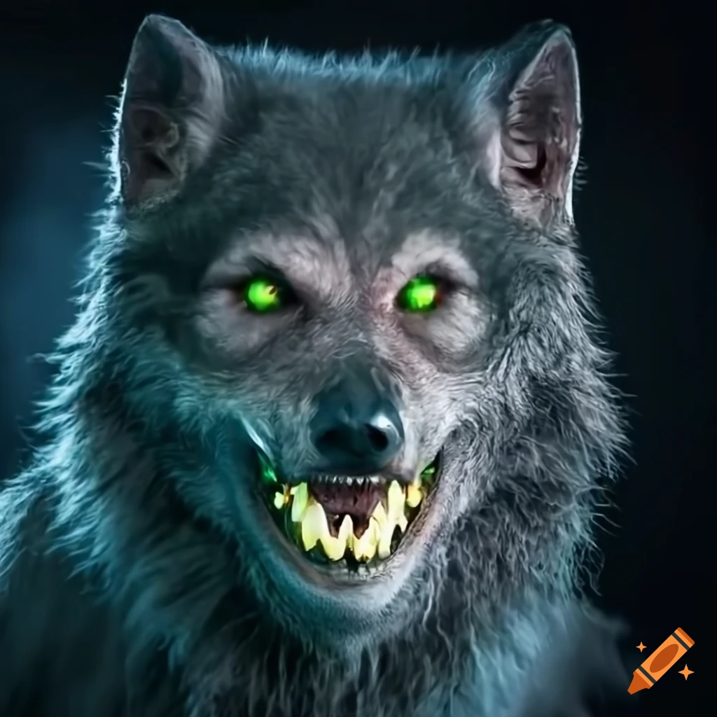 Werewolf with glowing green eyes in a dark background on Craiyon
