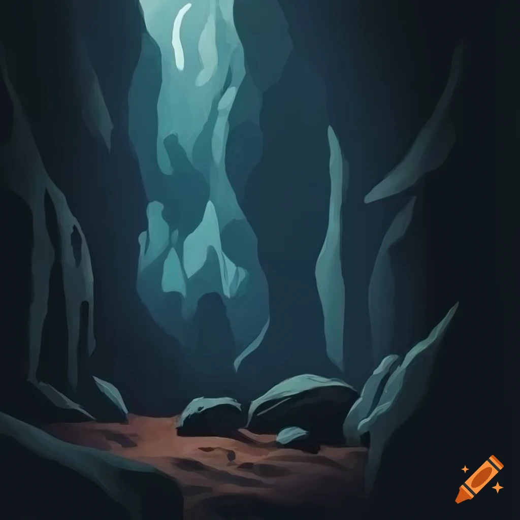Dark cave with varying heights and large rocks in a simplistic style on ...