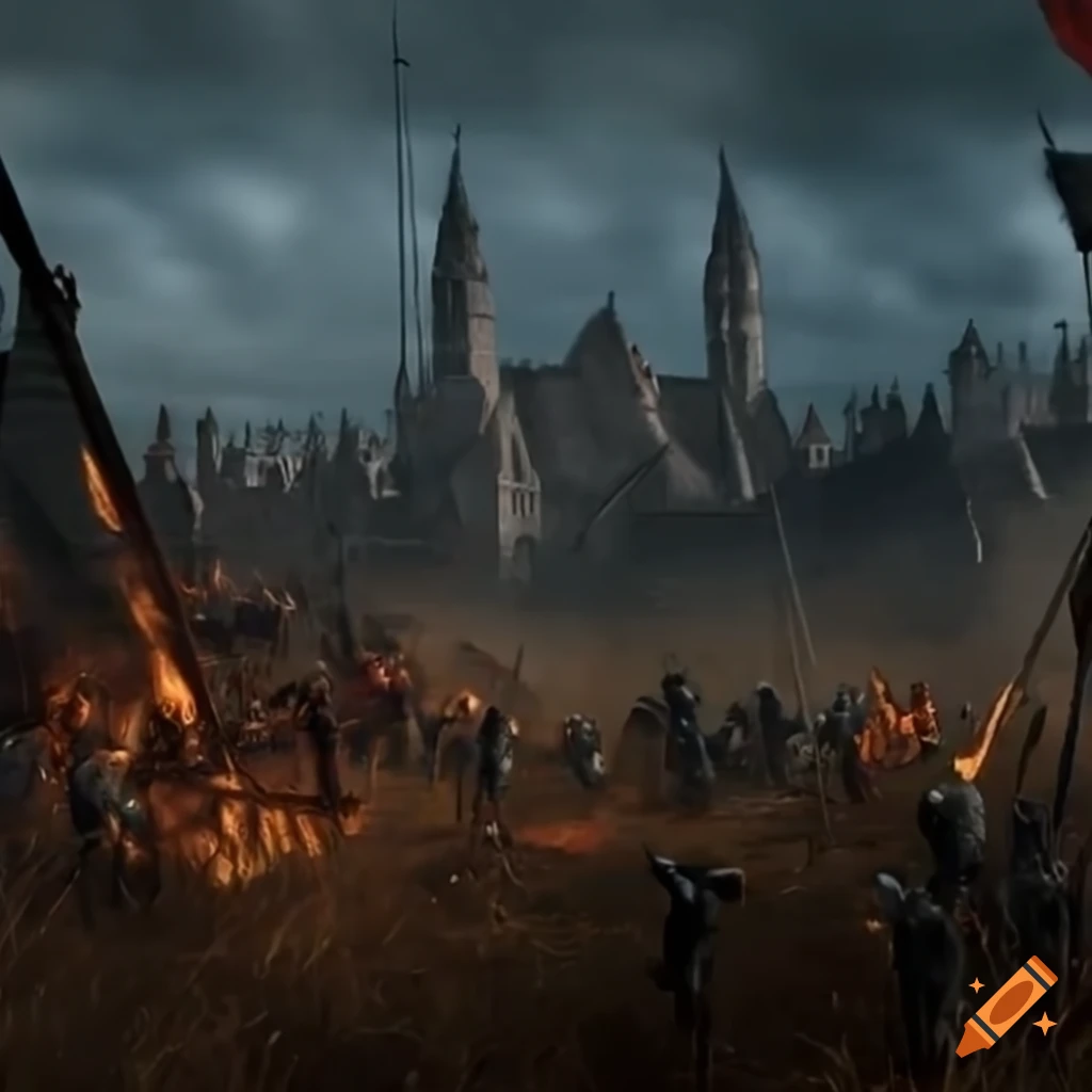 Medieval battlefield with knights and flags in a chaotic scene on Craiyon