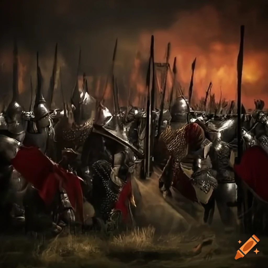 Medieval battlefield with knights and flags in a chaotic scene on Craiyon