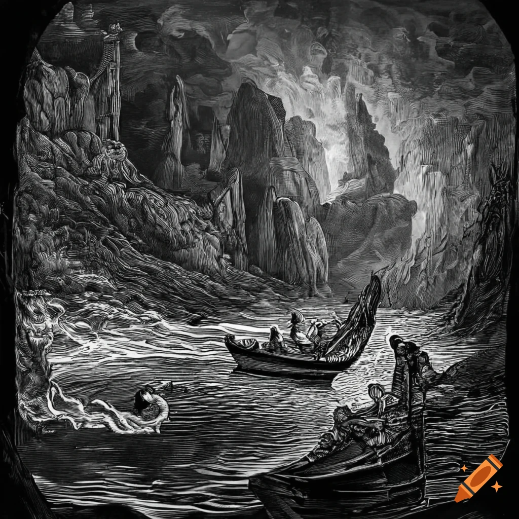 Illustration of Charon on boat in Dante's Inferno along River Acheron ...
