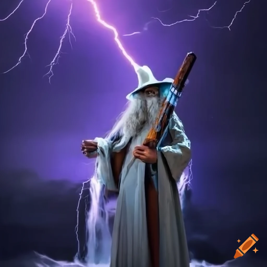 Wizard playing a keytar on a lightning stage under the night sky on Craiyon