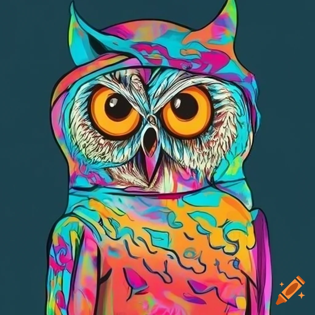 Colorful owl in graffiti style wearing a hip hop hoodie on Craiyon