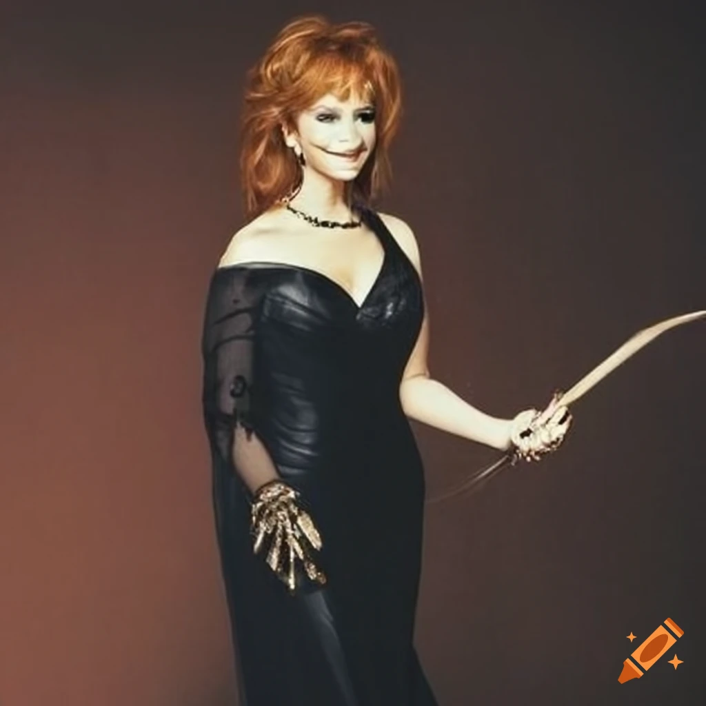 Reba mcentire with a scythe in a black gown on Craiyon