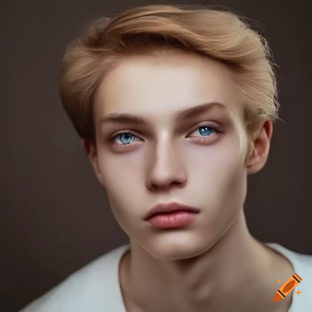 Portrait of an ethereal young man with pale skin and caramel blonde ...