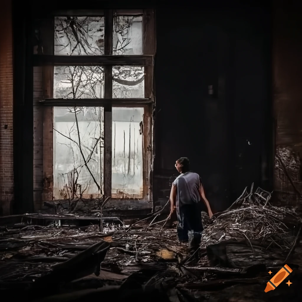 Man in white cap, t-shirt, jeans, and boots running through abandoned ...