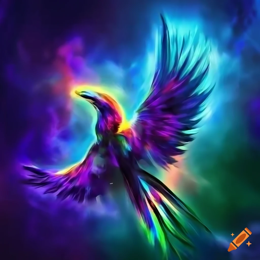 Rainbow raven with fiery wings gliding through a vibrant neon nebula on ...