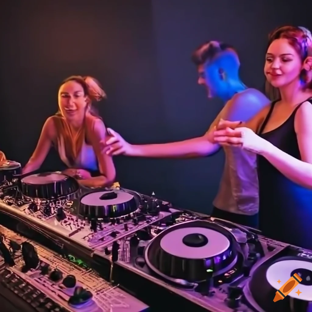 Home DJ setup with friends enjoying brunch and dancing together on Craiyon