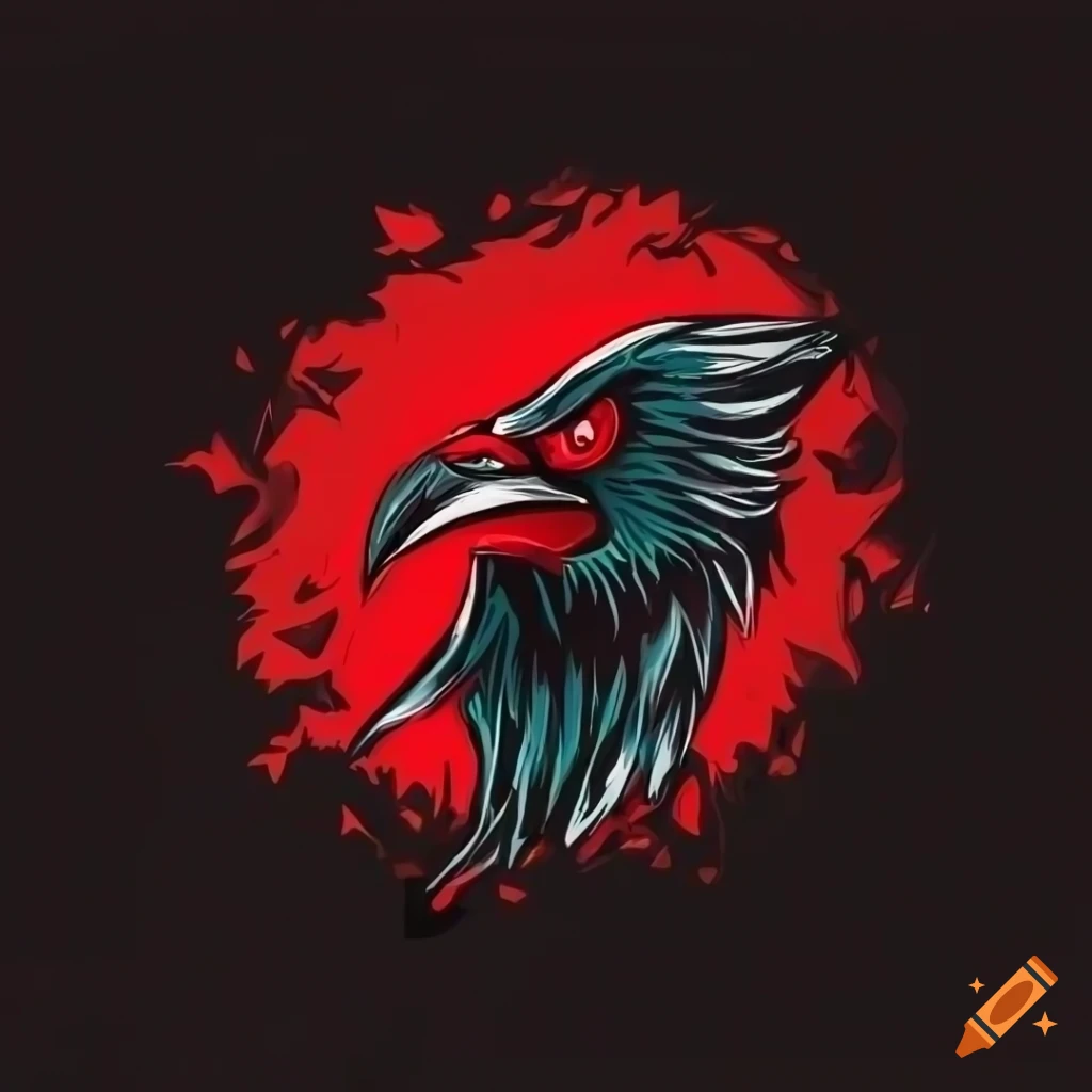 Stylized red angry hunting raven logo on black background in minimalist ...